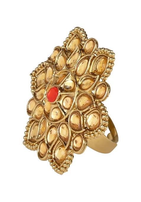Buy Women Gold Plated Traditional Work Moti Finger Ring Gilded ...