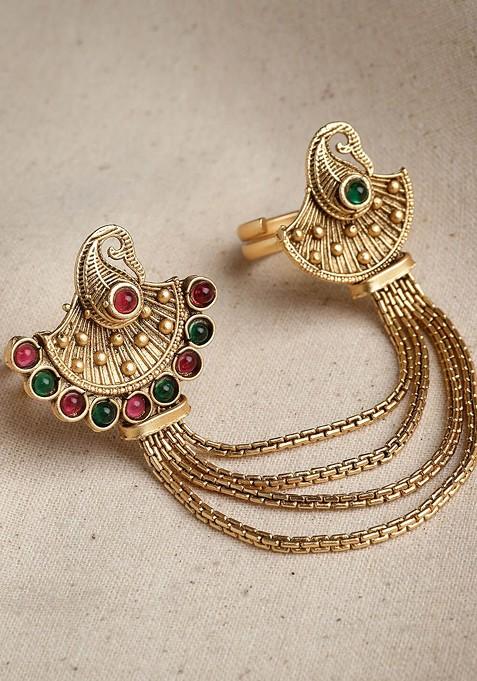 Buy Women Red Gold Plated Stone Studded Dual Adjustable Finger Ring ...