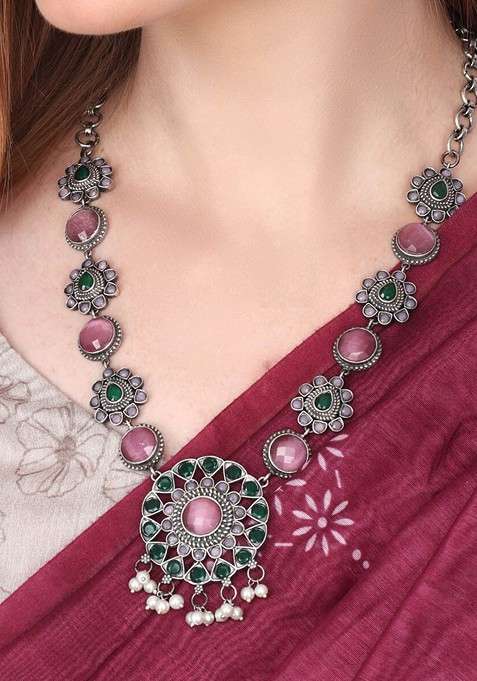Buy Women Silver Plated American Diamond Studded Jewellery Set ...
