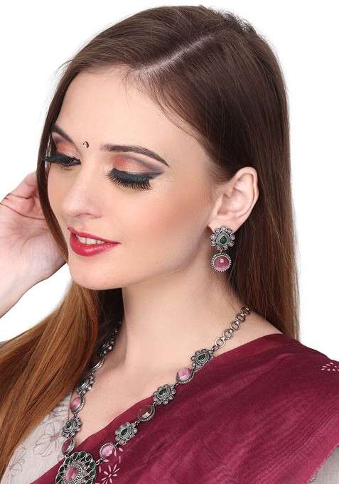 Buy Women Silver Plated American Diamond Studded Jewellery Set ...