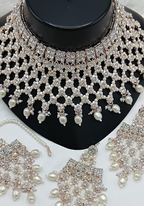 Buy Women White Gold Plated Stone Work With Pearl Work Necklace Set ...