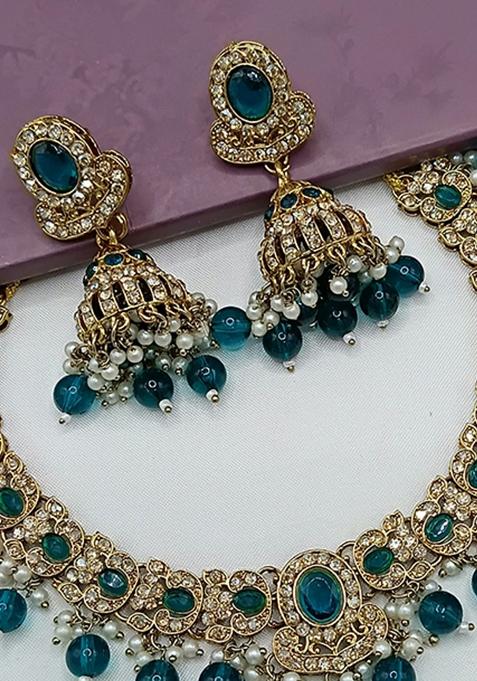 Buy Women Teal Blue Gold Plated Stone Work Necklace Set - XJS52149 ...