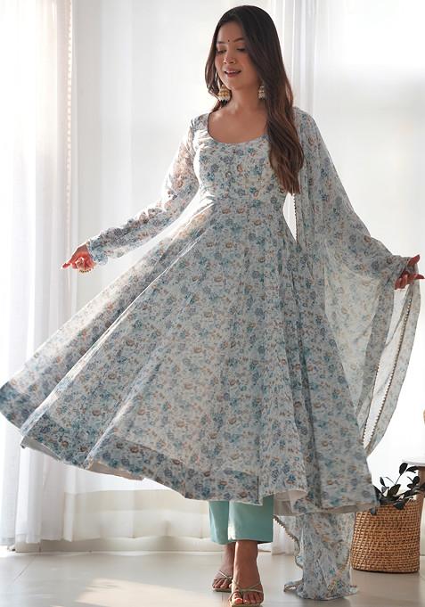 Buy Women Sky Blue Printed Organza Chiffon Anarkali Set - XKS00034 ...