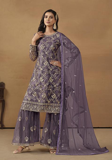 Buy Women Purple Embroidered Net Kurta Set - XKS00110 - Salwar Kameez ...