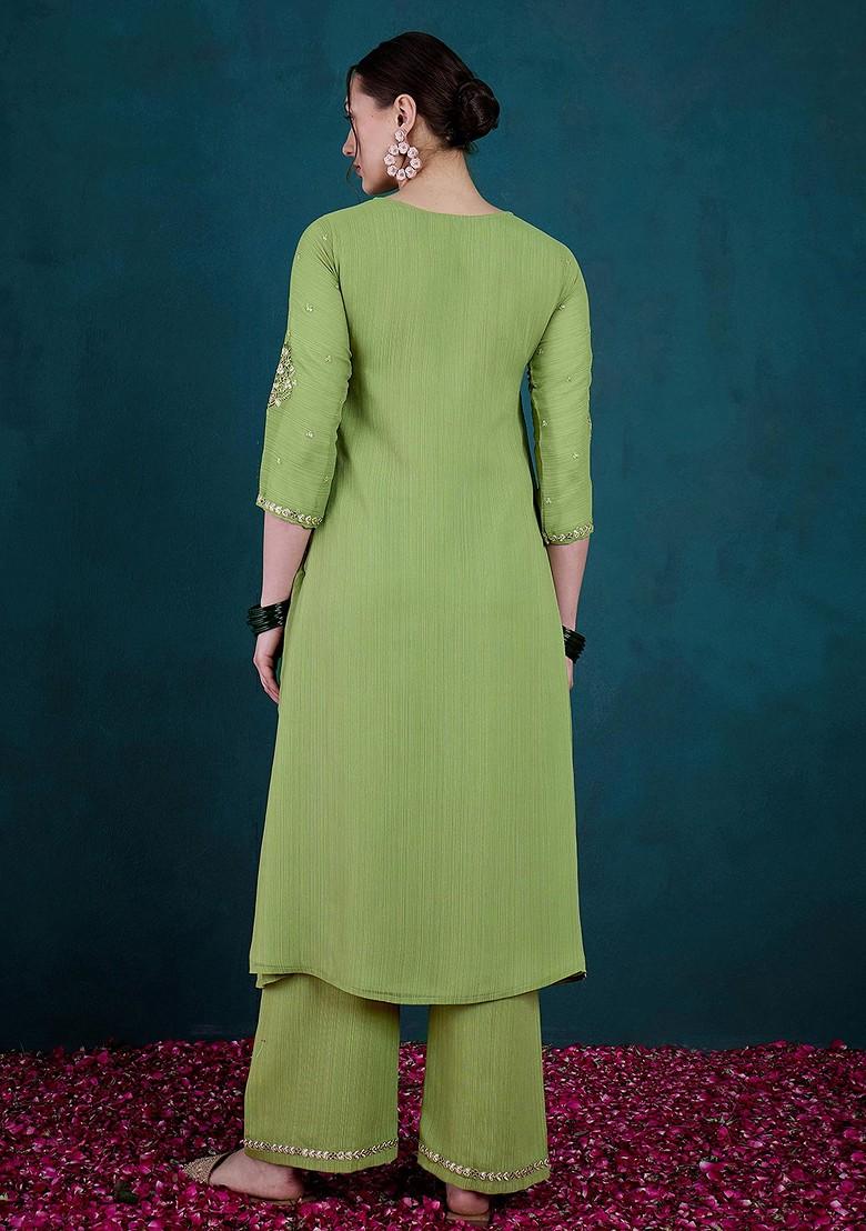 Buy Women Pista Green Zari Sequin Embroidered Georgette Kurta Set ...