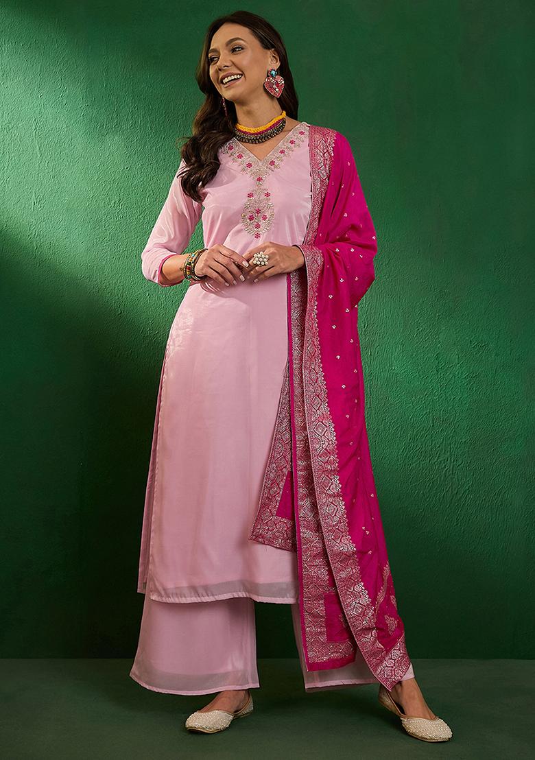 Buy Women Light Pink Zari Sequin Embroidered Chiffon Kurta Set ...