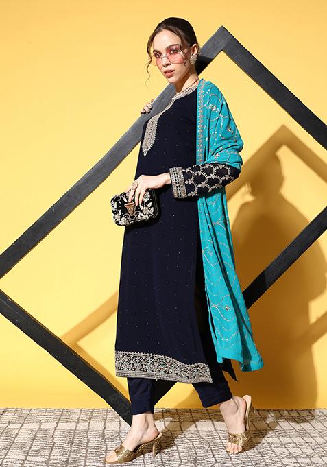 Buy Women Royal Blue Zari Sequin Embroidered Georgette Kurta Set ...