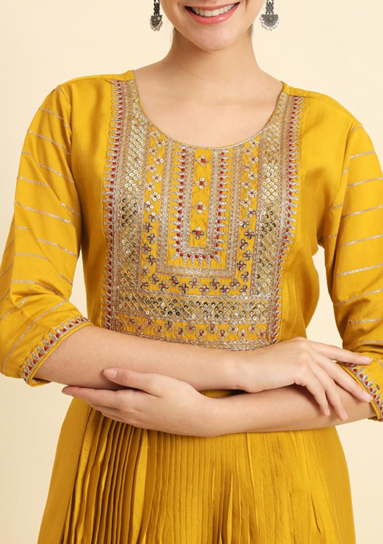 Buy Women Yellow Embroidered Pure Chanderi Silk Kurta Set With Dupatta ...