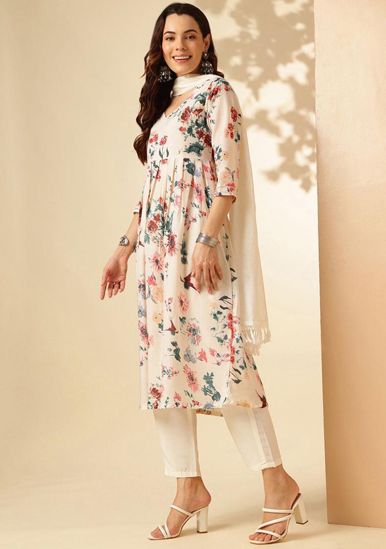 Buy Women White Embroidered Cotton Kurta Set - XKS00371 - Kurta Set - Indya