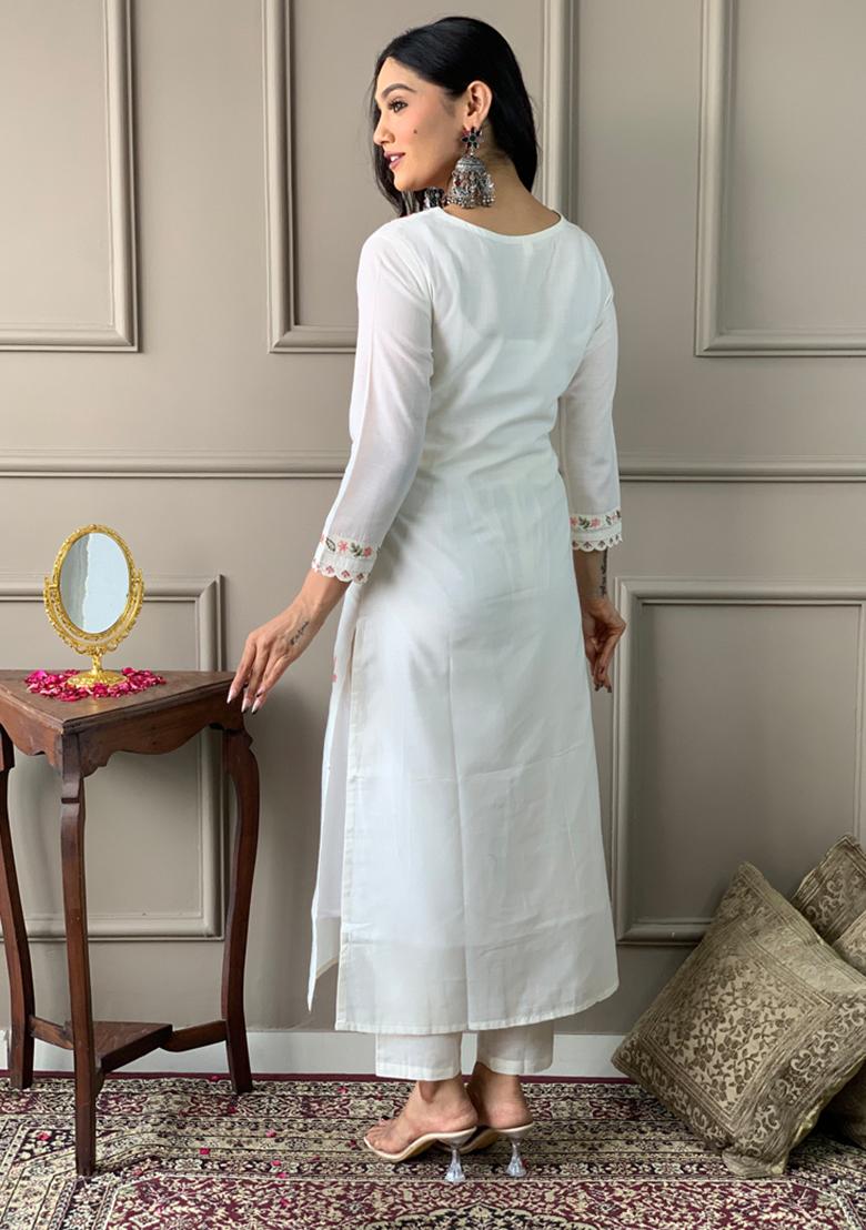 Buy Women White Embroidered Pure Cotton Kurta Set - XKS00382 - Three ...