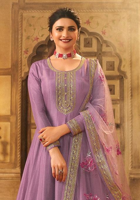 Buy Women Lavender Embroidered Silk Anarkali With Dupatta - XKS00549 ...