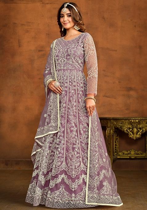 Buy Women Purple Embroidered Net Kurta Set - XKS00684 - Salwar Kameez ...