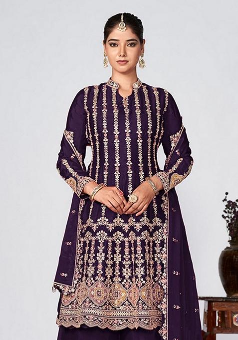 Buy Women Dark Violet Embroidered Silk Kurta Set - XKS00752 - Wedding ...