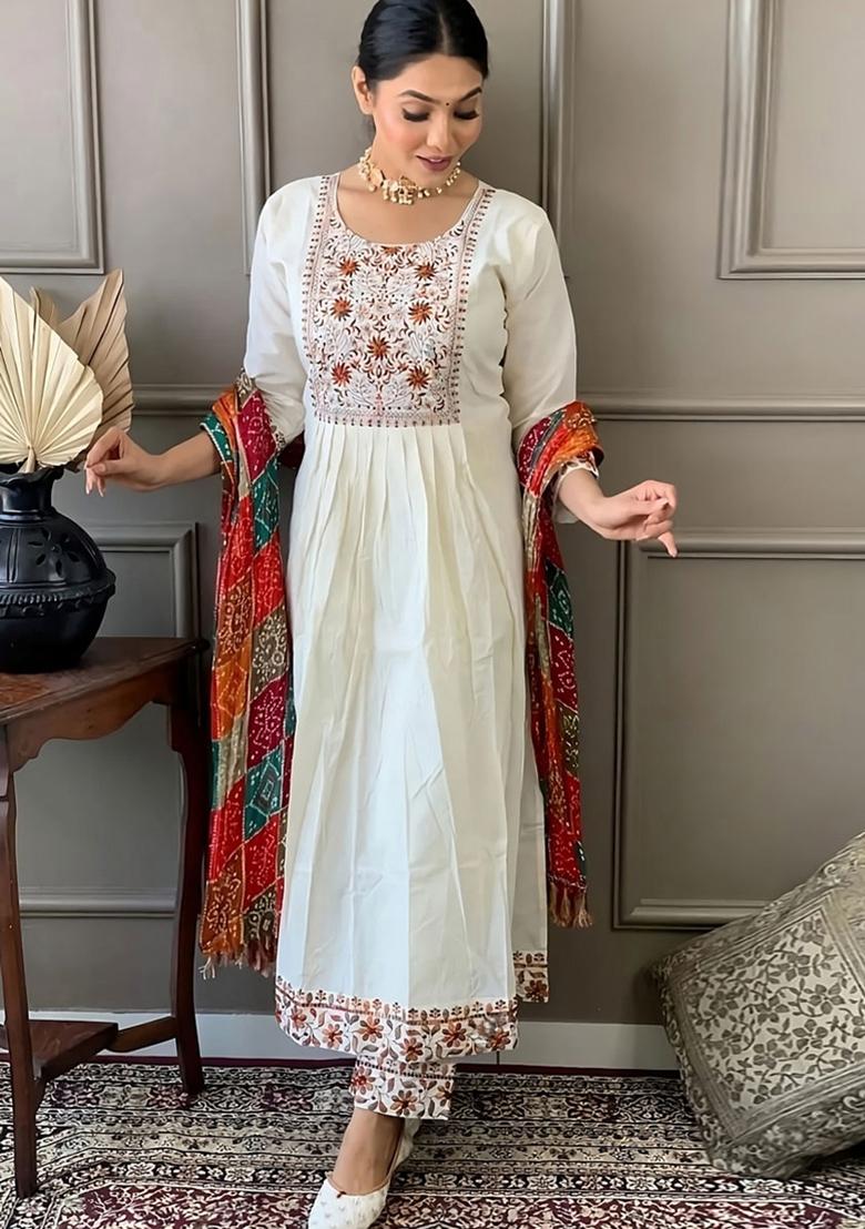 Buy Women White Embroidered Viscose Kurta Set - XKS00779 - Kurta Set ...