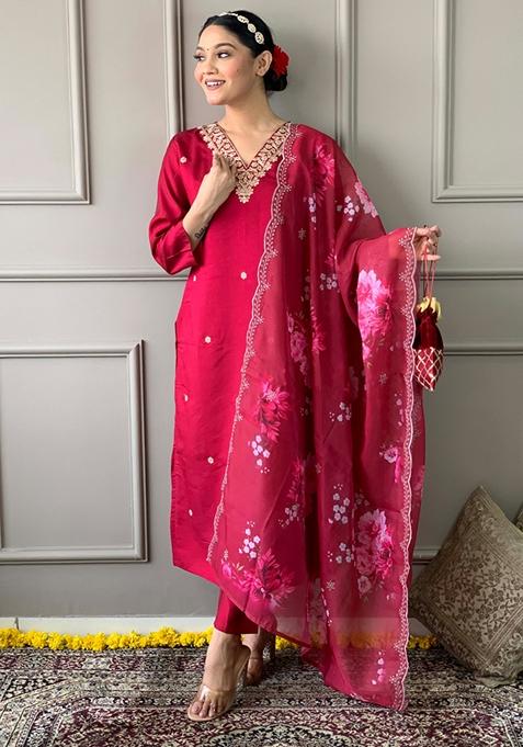 Buy Women Rani Pink Embroidered Viscose Kurta Set - XKS00811 - Eid Kurta Sets - Indya