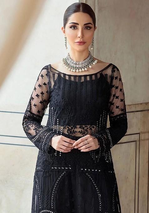 Buy Women Black Embroidered Net Kurta Set - XKS00939 - Fits for sisters ...