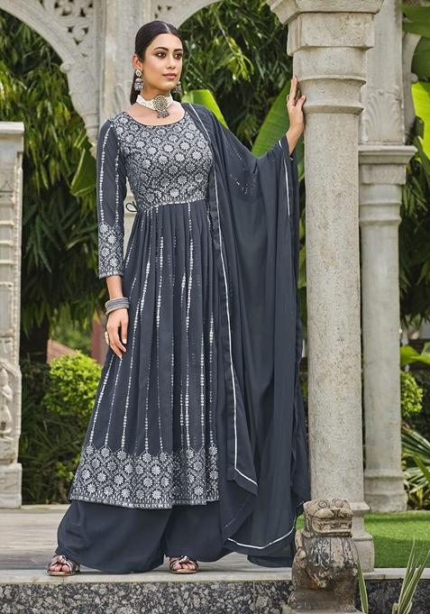 Buy Women Grey Embroidered Georgette Kurta Set - XKS01028 - Eid ...