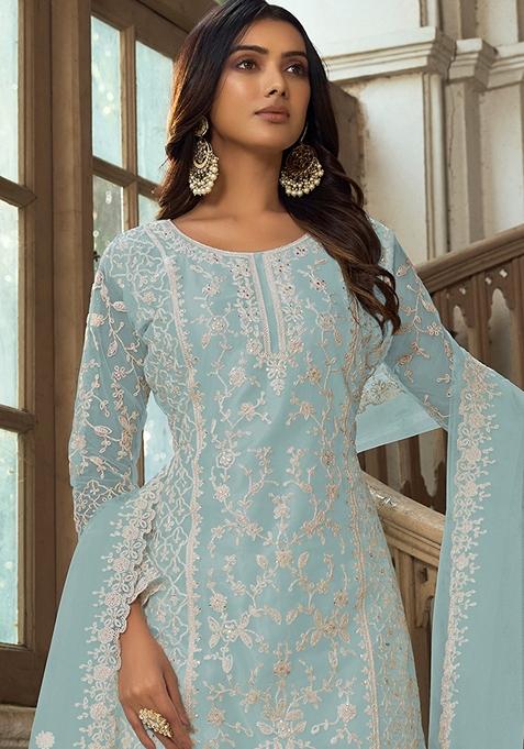 Buy Women Sky Blue Embroidered Net Kurta Set - XKS01148 - Salwar Kameez ...