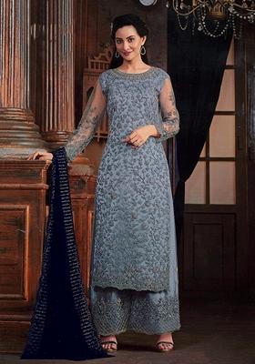 Buy Women Grey Embroidered Net Kurta Set - XKS01180 - Kurta Sets - Indya