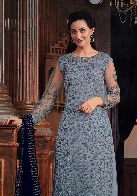 Buy Women Grey Embroidered Net Kurta Set - XKS01180 - Kurta Sets - Indya