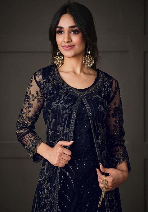 Buy Women Dark Blue Embroidered Net Kurta Set - XKS01322 - Fits for ...