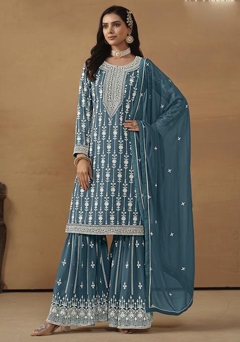 Buy Women Grey Embroidered Georgette Kurta Set - XKS01500 - Kurta Sets ...