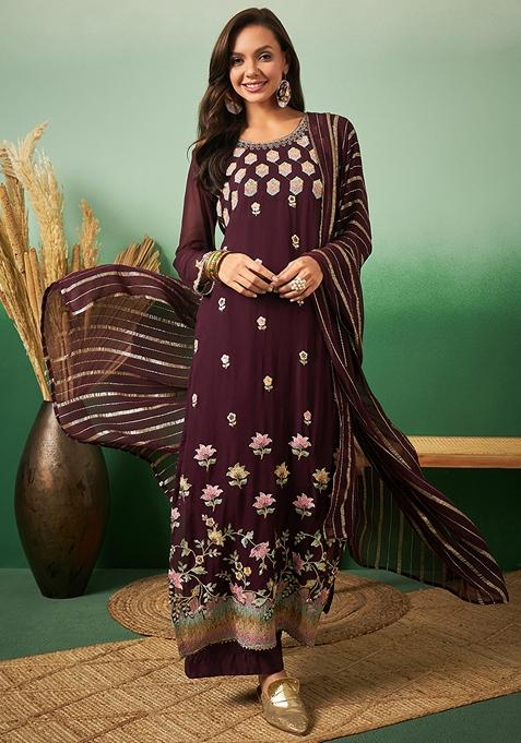 Buy Women Wine Embroidered Georgette Kurta Set - XKS02445 - Wedding ...