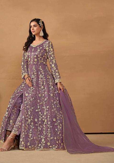 Buy Women Purple Sequin Embroidered Net Kurta Set - XKS03360 - Three ...
