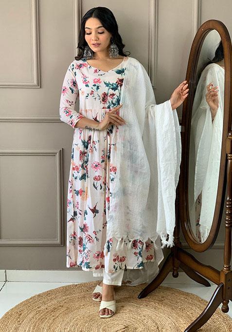 Buy Women White Floral Print Cotton Kurta Set - XKS04362 - Kurta Set ...