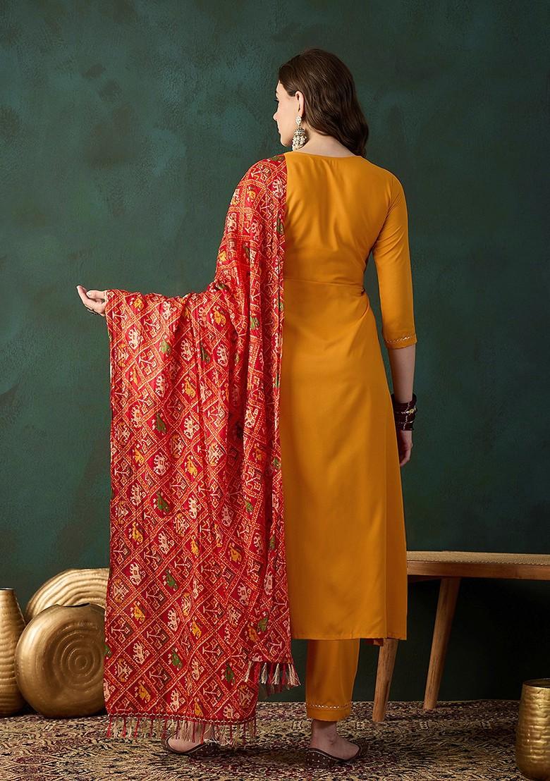 Buy Women Mustard Zari Sequin Embroidered Crepe Kurta Set - XKS05066 ...