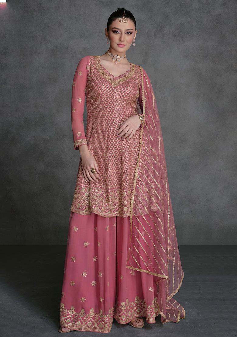 Buy Women Pink Sequin Embroidered Georgette Kurta Set - XKS05274 ...