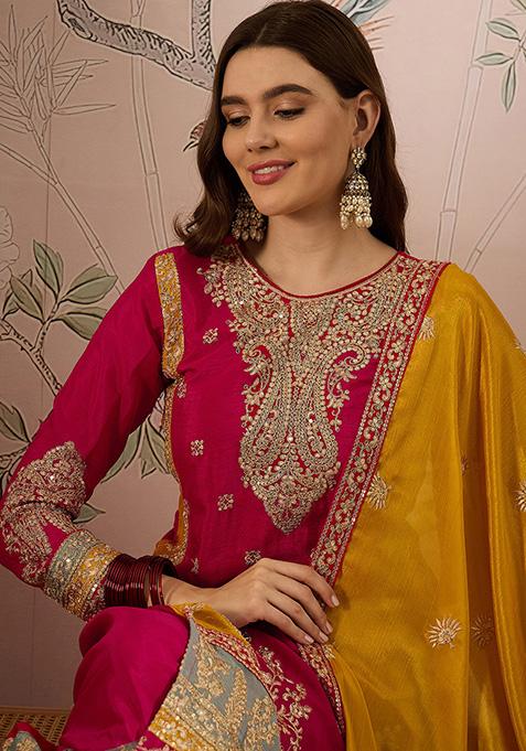 Buy Women Pink Embroidered Chinon Kurta Set - XKS05477 - Three Piece ...