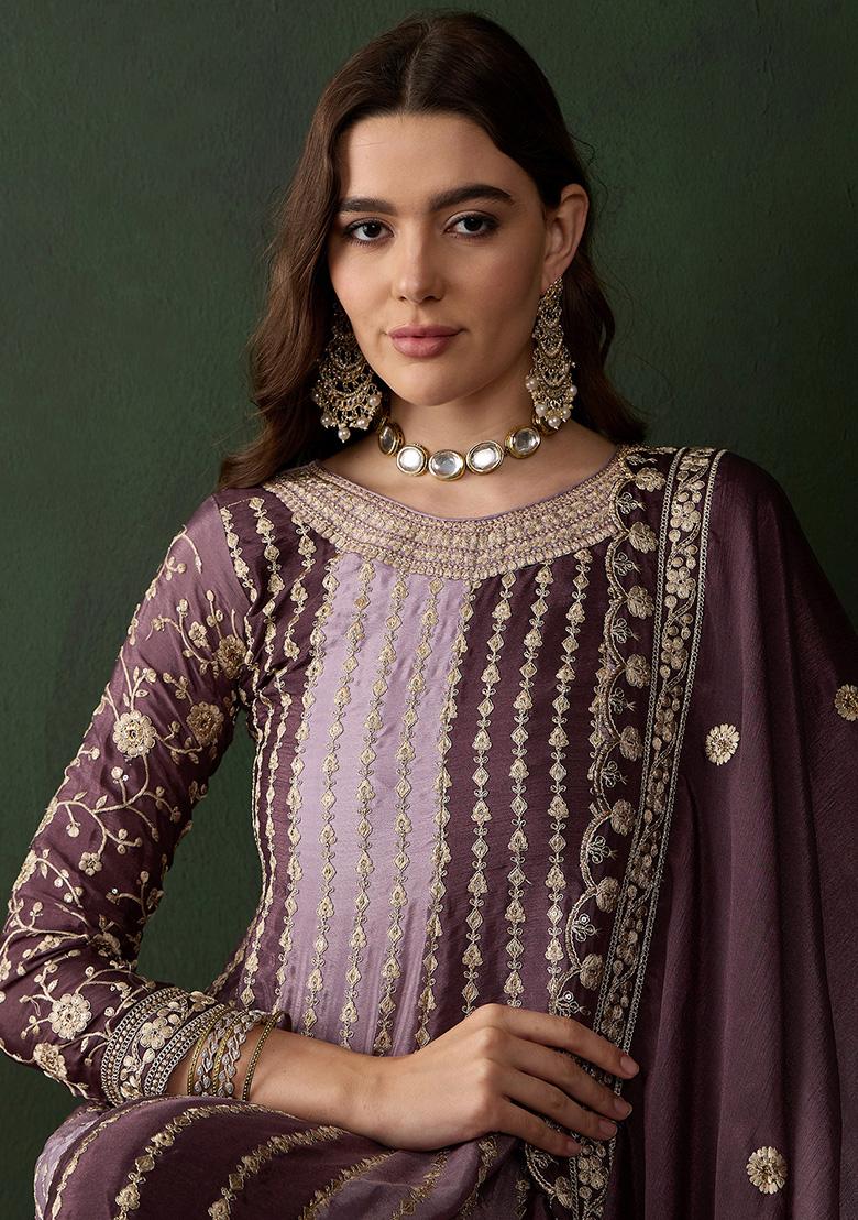 Buy Women Purple Embroidered Chinon Sharara Set - XKS05492 - Sharara ...