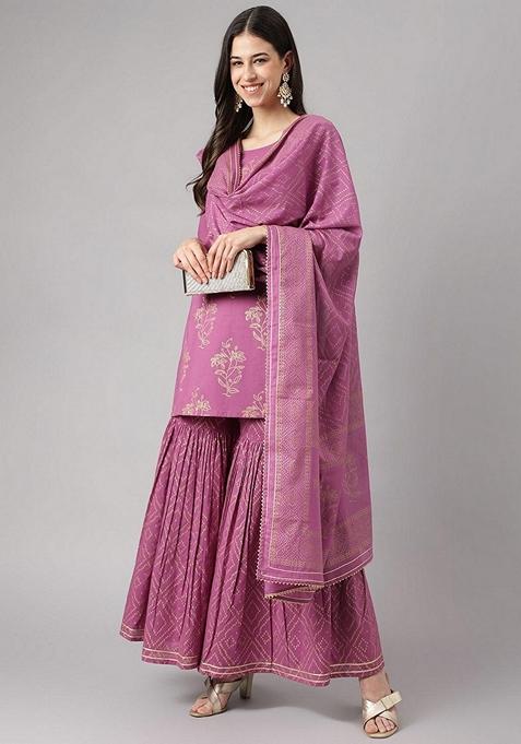 Buy Women Purple Printed Cotton Sharara Set - XKS07054 - Punjabi Suit ...