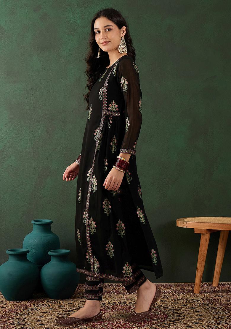 Buy Women Black Foil Print Georgette Kurta Set - XKS08785 - Three Piece ...