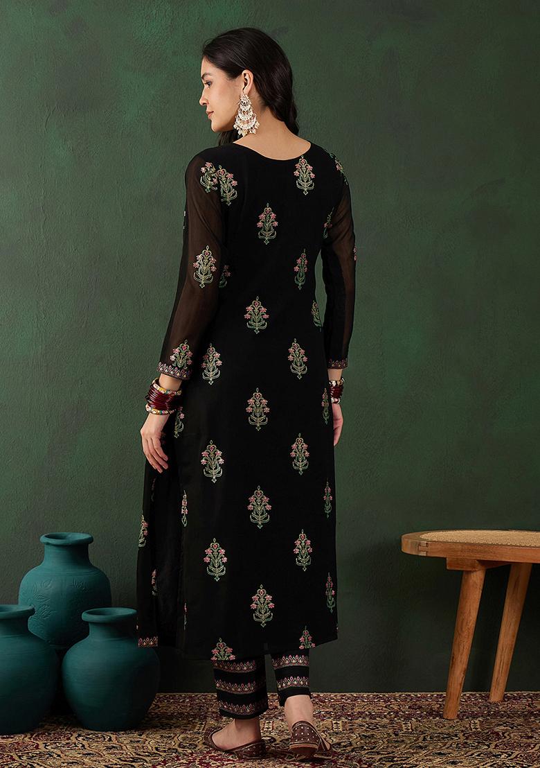Buy Women Black Foil Print Georgette Kurta Set - XKS08785 - Three Piece ...
