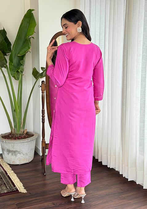 Buy Women Rani Pink Thread Embroidered Viscose Kurta Set With Dupatta - XKS08829 - Three Piece ...