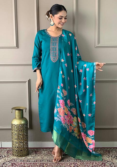 Buy Women Aqua Blue Thread Embroidered Viscose Kurta Set - XKS08858 ...