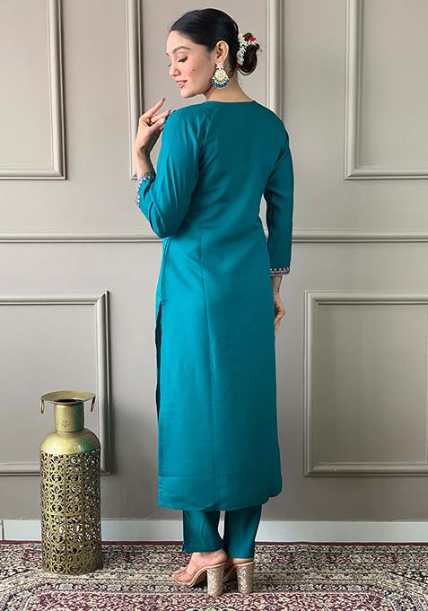 Buy Women Aqua Blue Thread Embroidered Viscose Kurta Set - XKS08858 ...