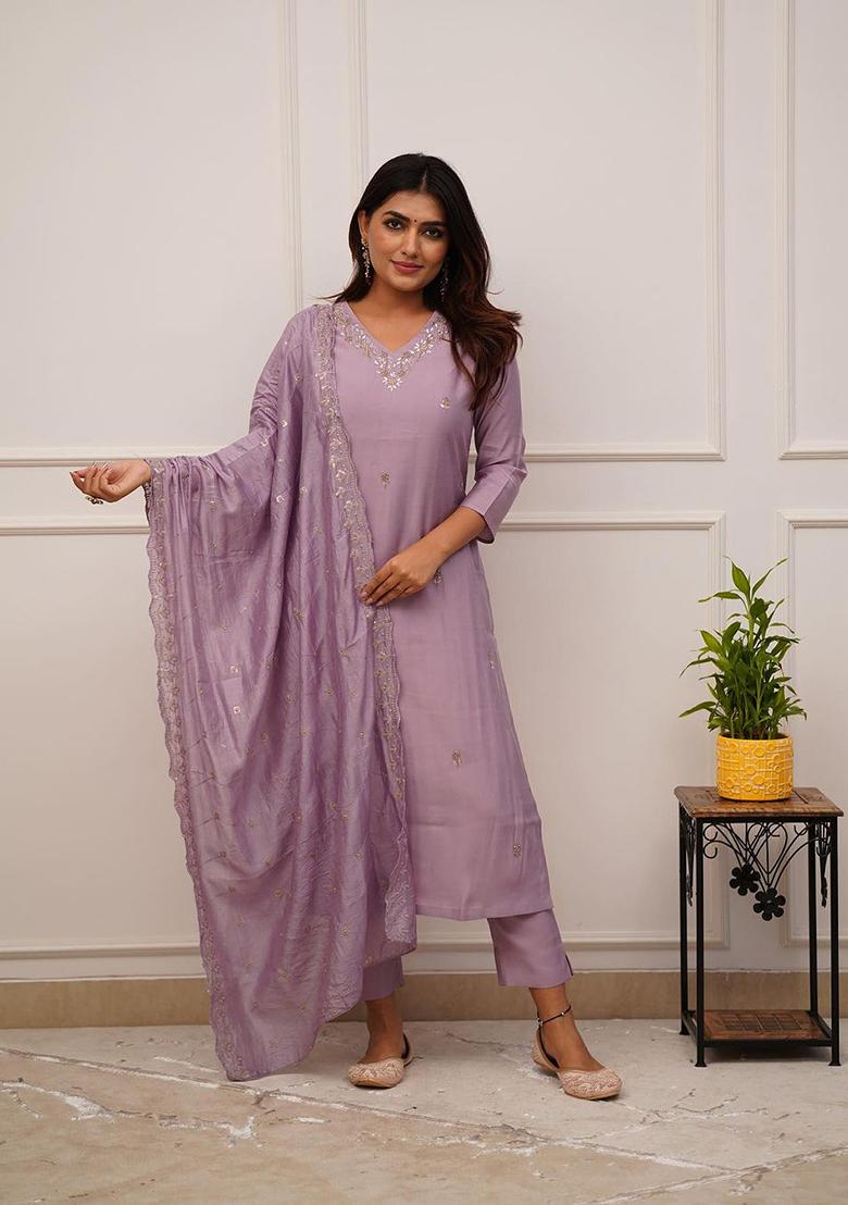 Buy Women Onion Pink Thread Embroidered Viscose Kurta Set - XKS08861 ...