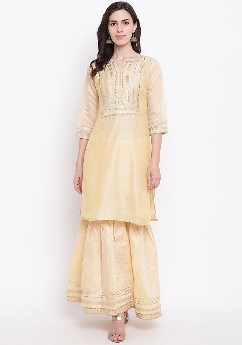 Buy Women Beige Self Design Kurta With Sharara - XKS10929 - Three Piece ...