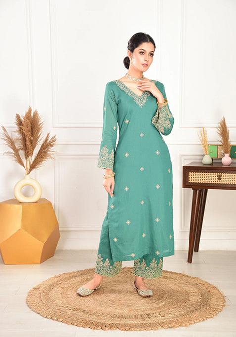Buy Women Pine Green Embroidered Viscose Chanderi Kurta Set - XKS11125 - Eid Pakistani Suits - Indya
