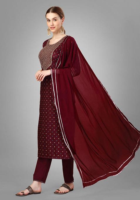 Buy Women Maroon Embroidered Silk Blend Kurta Set - XKS11296 - Kurta ...