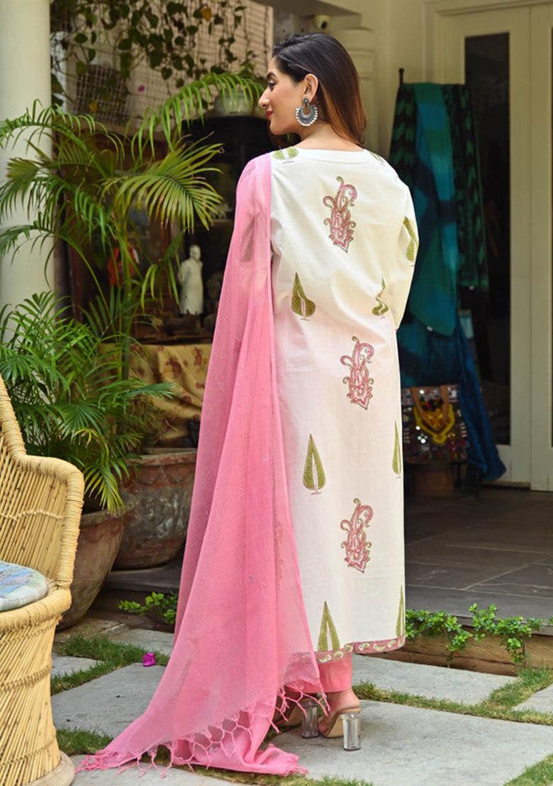 Buy Women White Printed Cotton Kurta Set - XKS11377 - Three Piece Set ...