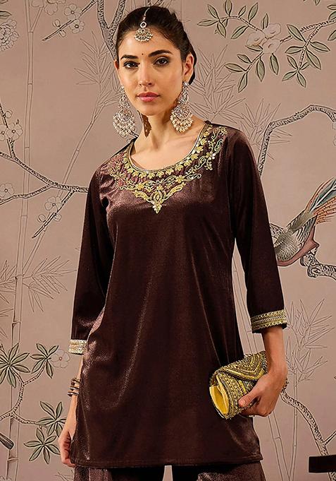 Buy Women Brown Embroidered Velvet Sharara Set - XKS11435 - Punjabi ...