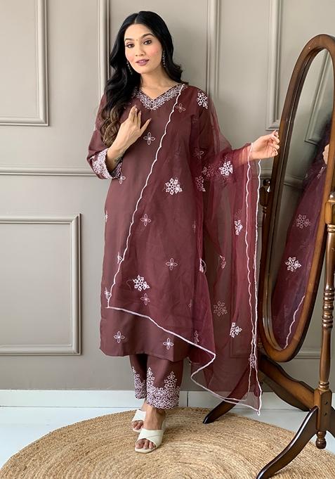 Buy Women Dark Brown Embroidered Silk Kurta Set - XKS12872 - Three ...