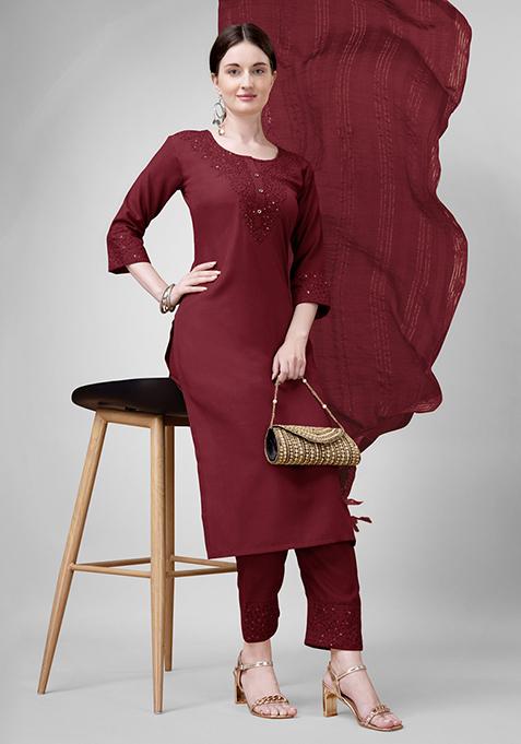 Buy Women Maroon Embroidered Blended Cotton Kurta Set - XKS12978 ...