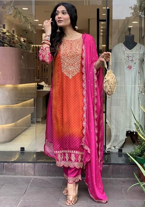 Buy Women Orange Thread Embroidered Kurta Set With Dupatta - XKS13362 ...