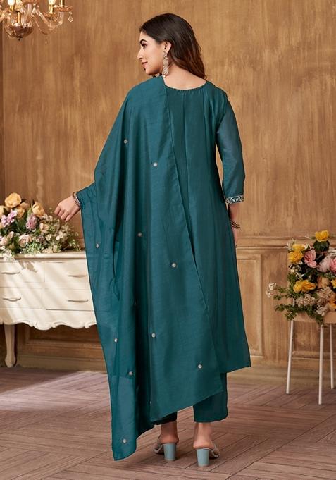 Buy Women Rama Blue Sequin Zari Embroidered Roman Silk Kurta Set ...