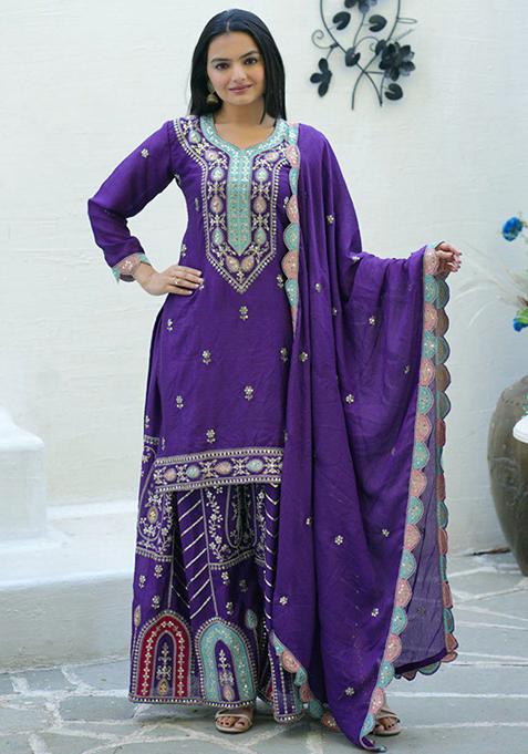 Buy Women Violet Embroidered Silk Kurta Set - XKS14051 - Fits for ...